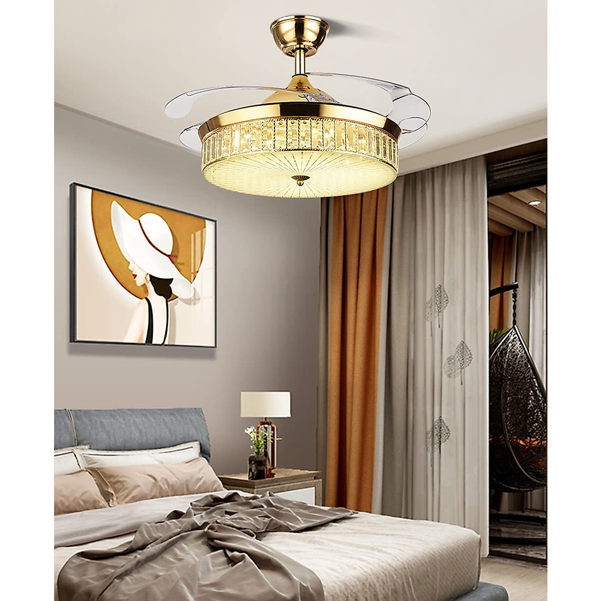 MORE CHANGE Crystal Ceiling Fan with 4 Retractable Blade, Chandelier Ceiling Fan with Lights and Remote, Chandelier ceiling fan for Living Room/Bedroom (36 inch Rose Gold)