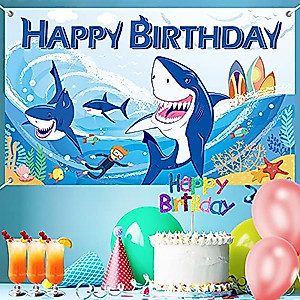 Shark Backdrop for Photo Booth, Shark Happy Birthday Banner, Shark Themed Under The Sea Background Birthday Sign Party Decorations Supplies for Boys Kids, 71 x 43 Inches