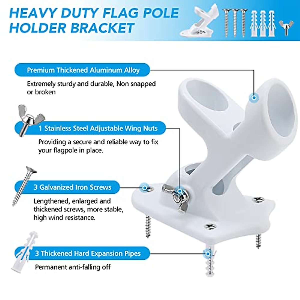 HOOPLE Flag Pole Holder for Outside House, Flag Holder, Flag Holders for Outside, Heavy Duty Flag Pole Mounting Bracket, Flag Bracket, Aluminum Rust Free Coated, Stainless Hardware 1" Diameter (White)