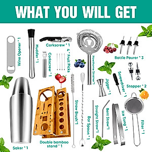 25 Pcs Cocktail Shaker Set, Bartending Tool Kit with Stand Mixology Bartender Kit Bar Set Mixer Barware Set with Strainer Alcohol Steel Martini Making for Home Drink Mixing, Party