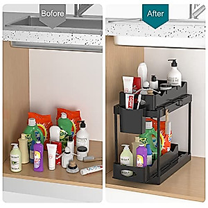 2 Pack Under Sink Organizer, 2 Tier Double Sliding Under Sink Organizers and Storage Multi-Purpose Under Cabinet Storage with Hooks, Hanging Cup, Dividers, for Bathroom Kitchen