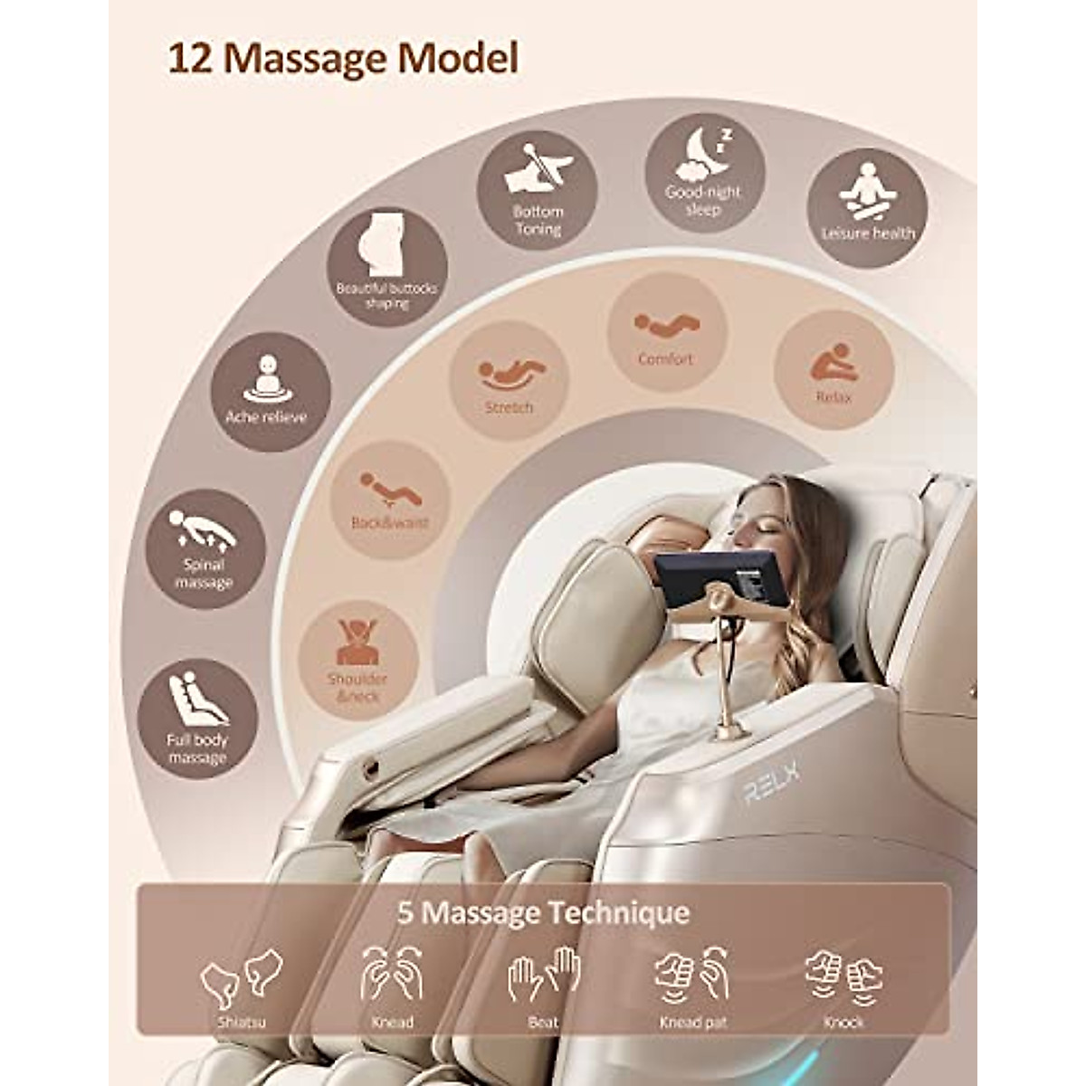 RELX Massage Chair Full Body Zero Gravity SL-Track Shiatsu Massage Chair, 12 Modes, Airbag Massage, with Yoga Stretch, Foot Massage, AI Control（Cream）