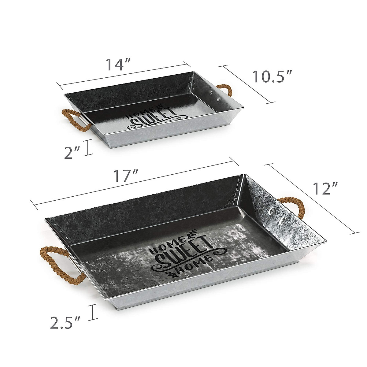 Barnyard Designs Decorative Farmhouse Rectangular Metal Trays, Serving Trays for Coffee Table, Rustic Ottoman Decor, Set of 2, Silver, (Small: 14x10.5; Large: 17x12)