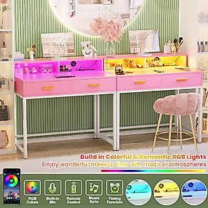 Cyclysio Vanity Desk with Mirror and Lights, 36 Inch Makeup Vanity with 2 Wooden Drawers & Storage Shelves, Pink Small Vanity with Power Outlets and LED Lights for Small Space, Bedroom, Pink