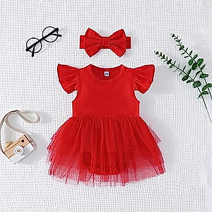 Infant Girl Tutu Dress Baby Girl Ruffle Romper Dress Toddler Girl Solid Color Skirts with Headband Summer Clothes (Red, 6-12 Months)