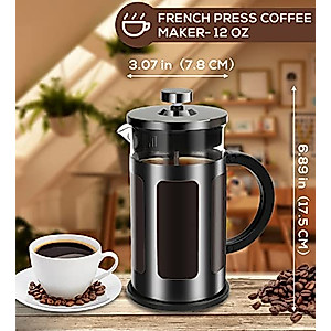 FAVIA French Press Coffee Maker 12 Ounce Stainless Steel with Borosilicate Glass Heat Resistant 4 Level Filtration System for Brew Coffee & Tea Dishwasher Safe 350ml (12oz, Stainless Black)
