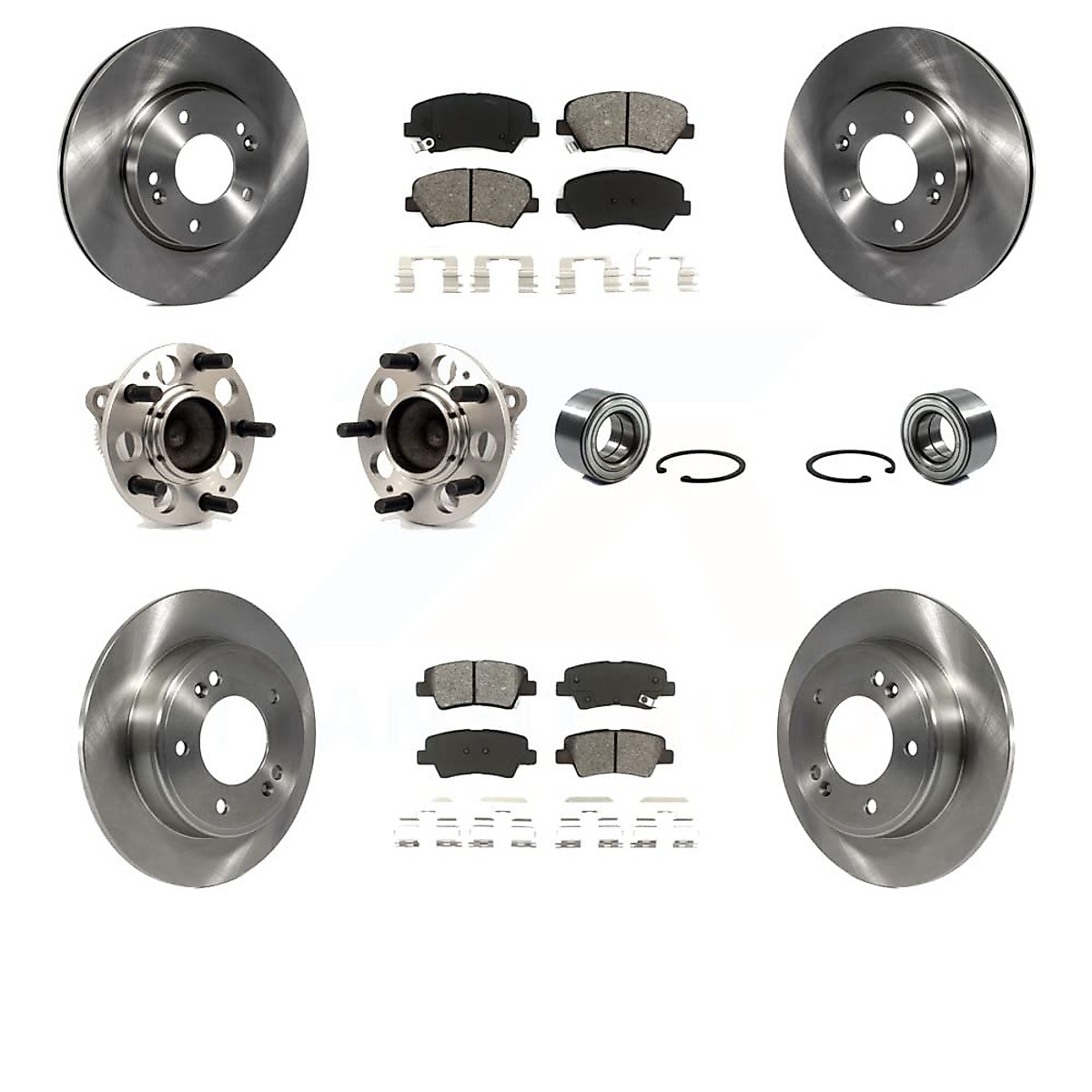Transit Auto - Front Rear Wheel Hub Bearings Assembly Disc Brake Rotors And Semi-Metallic Pads Kit (10Pc) For Hyundai Elantra Kia Forte Veloster GT Forte5 Coupe Koup KBB-106797