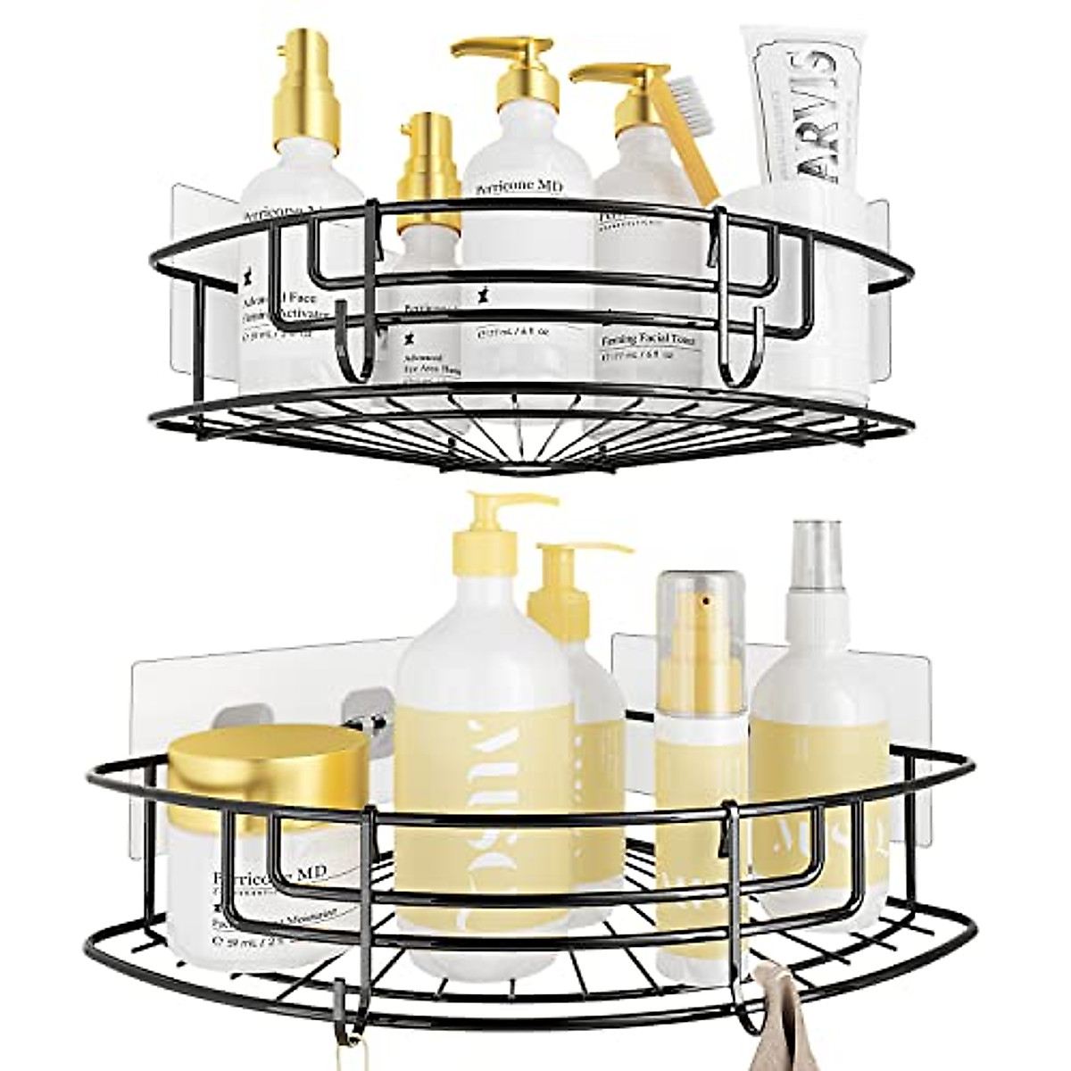GAAKY Corner Shower Caddy, 3 Pack Corner Shower Shelf with Soap Holder and 4 Hooks, No Drilling Shower Organizer Adhesive Stainless Steel Shower Shelves for Bathroom Storage(Black)