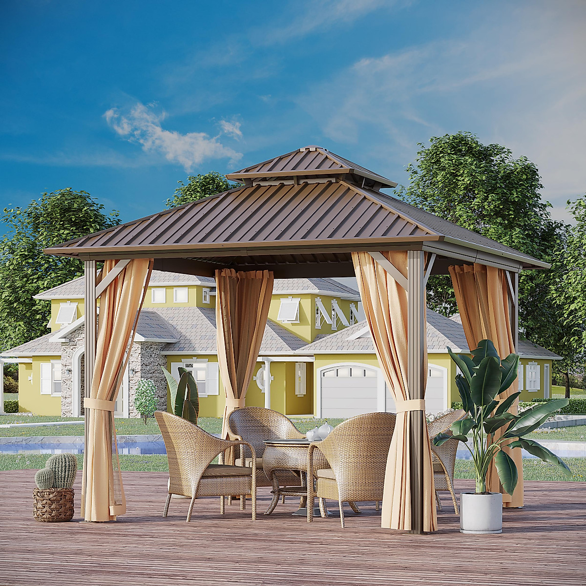 GAZEBEST 10x10 ft Hardtop Gazebo Outdoor Aluminum Patio Gazebo Double Roof Galvanized Steel Canopy with Netting and Curtains,for Garden, Backyard,Deck and Lawns
