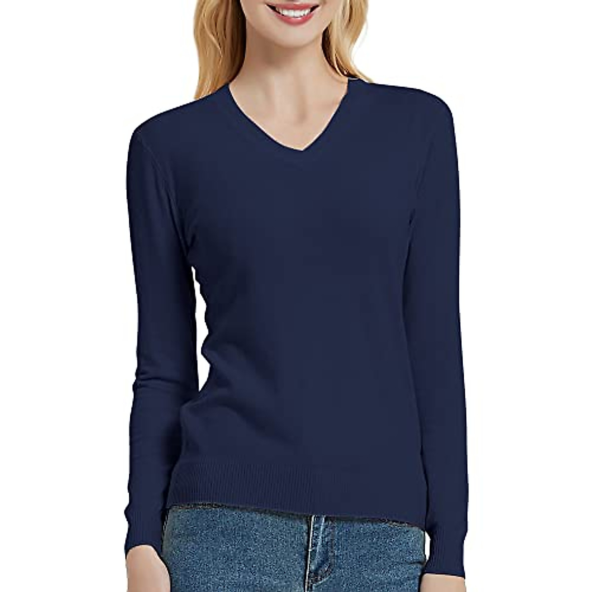 Urban CoCo Women's V Neck Long Sleeve Solid Classic Knit Pullover Sweater Tops (Navy Blue, L)