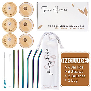 Tawa Homes Bamboo Mason Jar Lids with Straw Hole - 70 mm Lids for Beer Can Glass Cups with Silicone Straw Hole Plug 16 oz - 6 Pcs Regular Mouth Lid with 6 Stainless Steel Straw, 2 Cleaning Brush & Bag