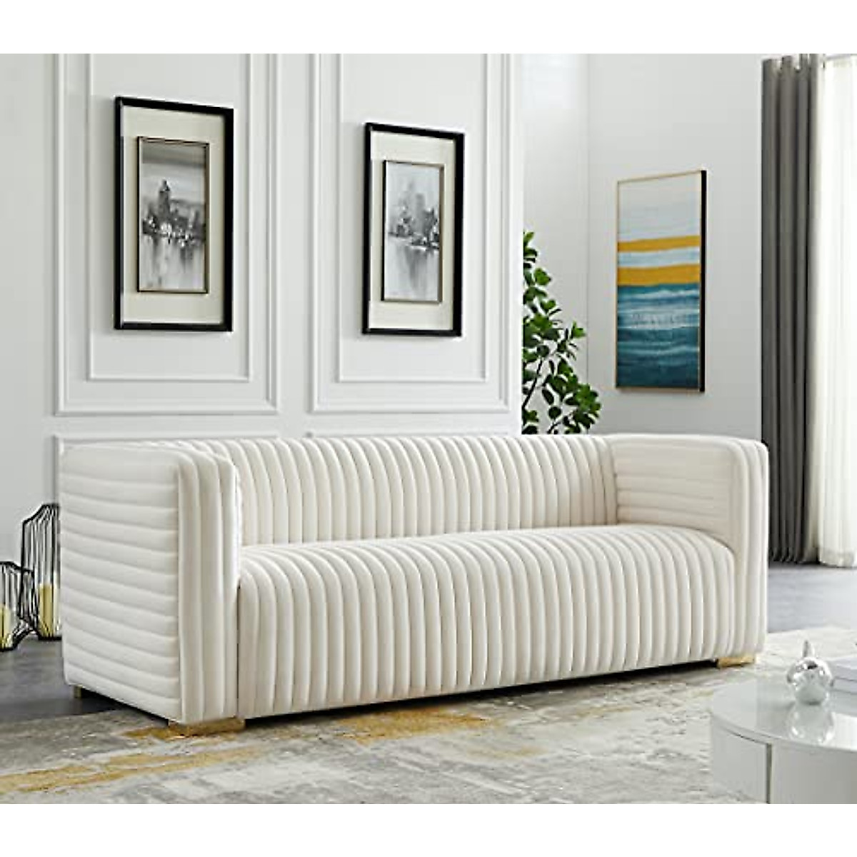 Meridian Furniture 640Cream-S Ravish Collection Modern | Contemporary Velvet Upholstered Sofa with Deep Channel Tufting + Both Gold & Chrome Legs Included