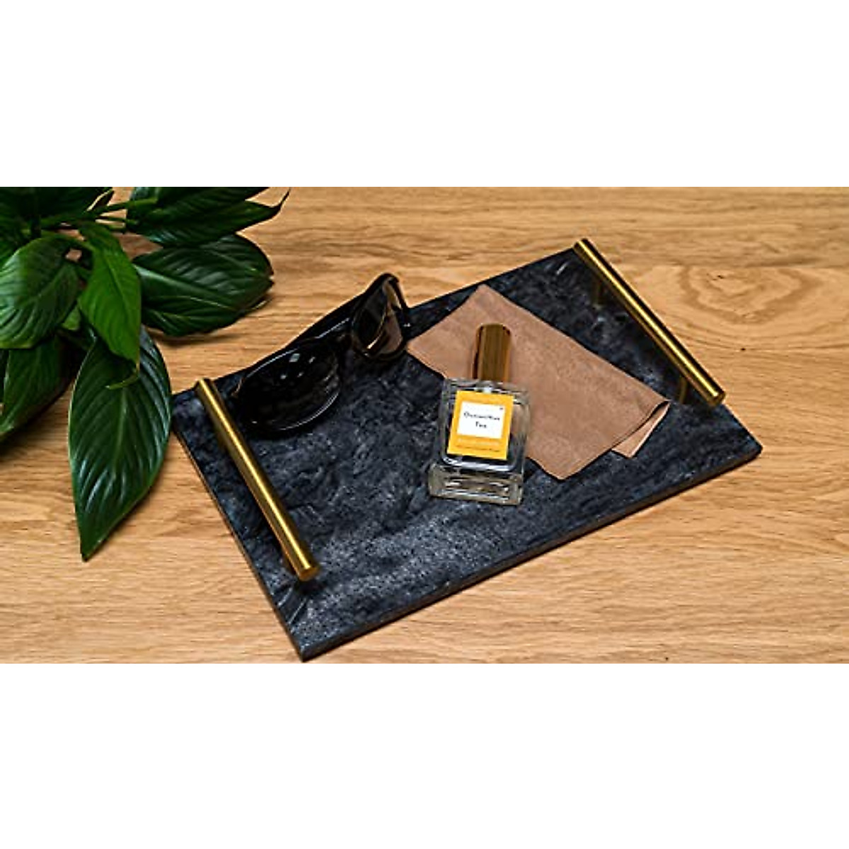 Star Dust x White Mist Natural Marble Vanity Tray with Gold Handles/Accents, Decorative Tray for Perfume Accessories, Countertop Decor for Bathroom & Kitchen; Pastry, Tapas & Dessert Serving Trays