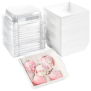 Ocmoiy 50Pk Paper Charcuterie Boxes with Clear Secure Lids, 4" Square Disposable To-Go Dessert Containers White Bakery Boxes for Strawberries, Cookies, Cake Slice, Brownies and Cinnamon Rolls