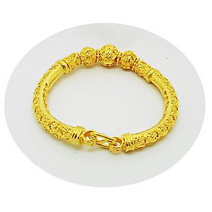 Lai Thai Gold Plated Bangle 24k Thai Baht Yellow Gold Filled Bracelet Size 6.5 Inch and Earrings 1 Pair