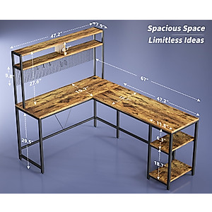 VEELOK L Shaped Desk with Hutch - 67" L Shaped Gaming Desk with LED Lights, Corner Computer Desk with Storage Shelves, L Shaped Office Desk with Pegboard, Rustic Brown