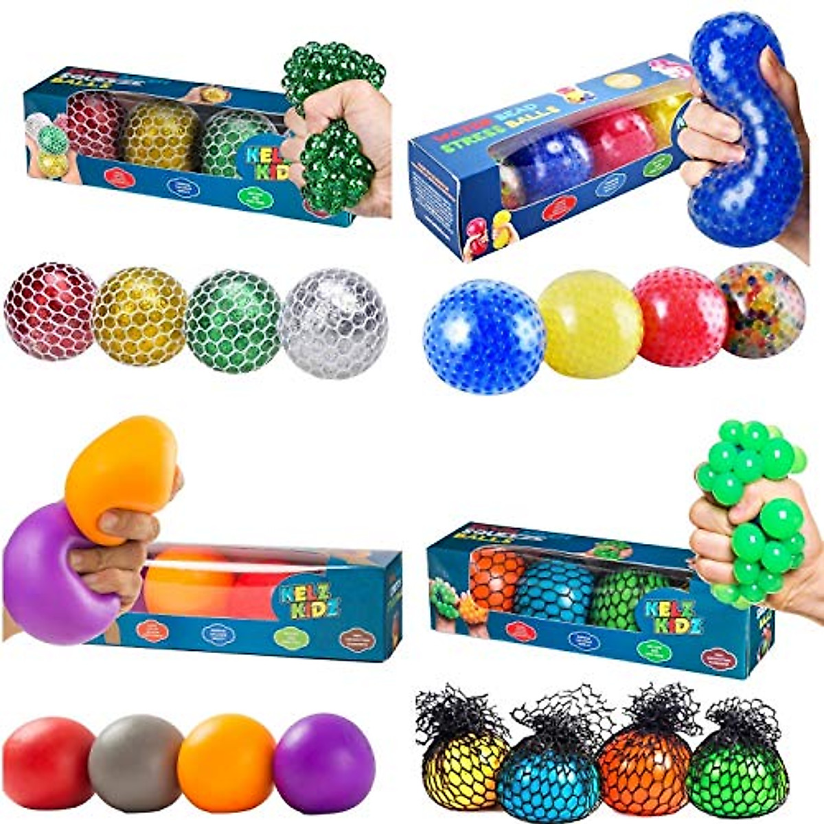 Sensory Ball Major Bundle! 16 Balls for the Whole Party - 4 Sewn Mesh Balls, 4 Jumbo Water Bead Balls, 4 Pull and Stretch Balls, and 4 Light Up Mesh Balls - Get Rid of your Anxiety and Stress Today!