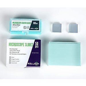 MILLSYN 50 pcs Microscope Slides Blank Plain, Plus 100 pcs Coverslips Ultra-Clear Cover Glasses