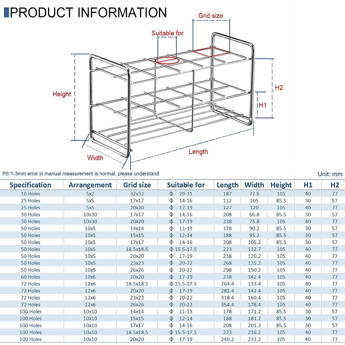 Adamas-Beta Stainless Steel Test Tube Rack,20 Place,5x4 Format,Wire Constructed,Outer Diameter Permitted of Tubes 29-31mm