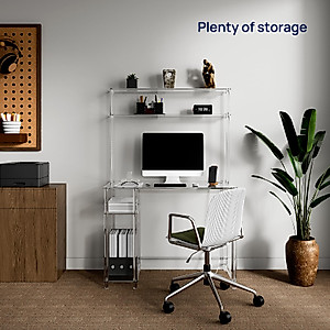 HMYHUM Acrylic Desk with Charging Station & Hutch, 39.4", Clear Computer Desk with USB Ports & Outlet, Storage Shelves for Home Office, Writing, Study, Modern