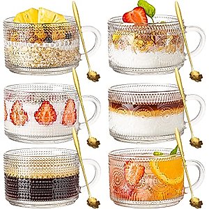 wookgreat Vintage Coffee Mugs Set of 6, 14 oz Glass Coffee Tea Cups with Handle, Clear Embossed Glassware with 6 Spoons, Glass Mugs, Glass Coffee Cups for Cappuccino, Latte, Cereal, Yogurt, Milk