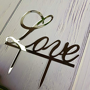 Love Cake Topper - Wedding/Engagement/Bridal Shower/Anniversary/Birthday/Bachelorette/Confession Party Decorations Supplies - Mirror Silver Acrylic