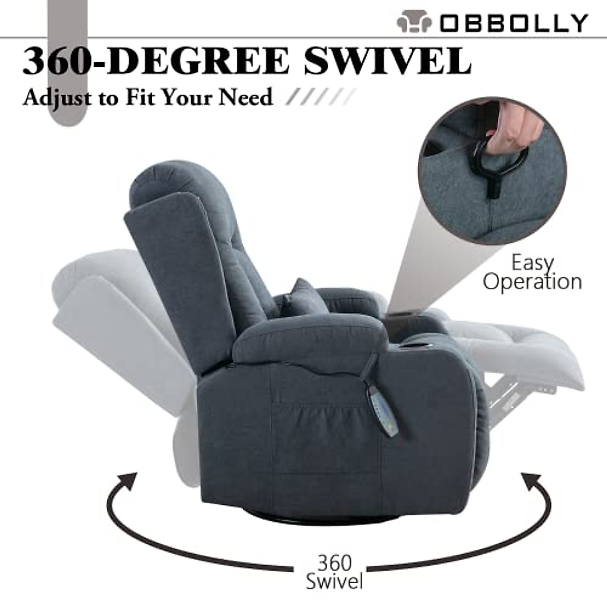 OBBOLLY Swivel Rocker Recliner Chair with Massage, Manual Glider Rocking Recliner Chair, Wingback Design 360° Swivel Chair with Lumbar Pillow, Cup Holders for Living Room (Single, Blue Grey-Linen)