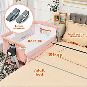 INFANS Baby Bassinet Bedside Crib, Newborn Sleeper w/Large Storage Basket, Adjustable Heights, Detachable &Washable Mattress, Breathable Mesh, Straps, Easy Moving Bed Side (Pink)