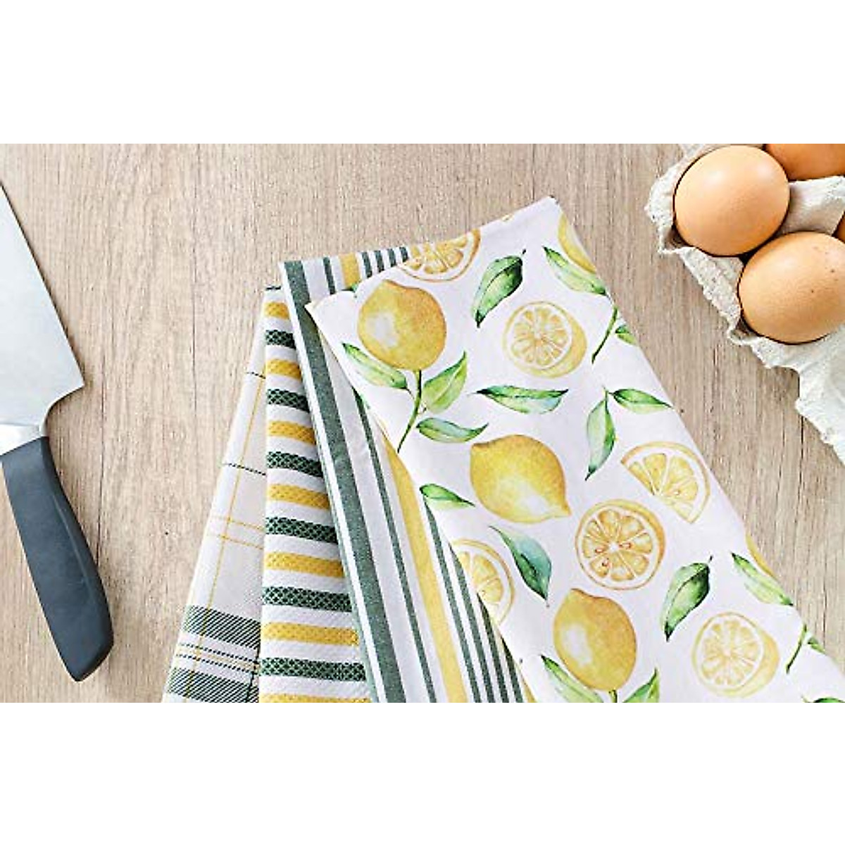 ANA Eco-Friendly 100% Cotton and Highly Absorbent Kitchen Discloth Towels | Lemon Yellow Print | Set of 4 | Stripe and Check Print | 20x28 inch | Designed to Make Your Kitchen More Alluring