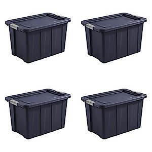 Sterilite 30 Gal Latching Tuff1 Storage Tote, Stackable Bin with Latch Lid, Plastic Container to Organize Garage, Basement, Blue Base and Lid, 4-Pack
