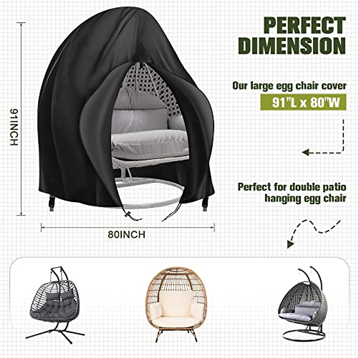 Patio Hanging Egg Chair Cover 420D Outdoor Double Wicker Egg Swing Covers Waterproof Patio Swing Loveseat Dust Protector 91x80 inches Black