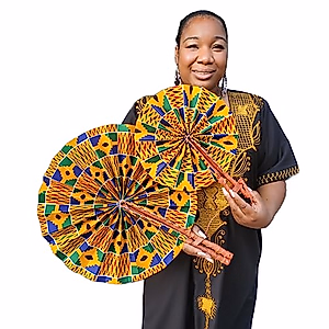 African Ankara Print Folding Fan - Large Handheld Fan for Church, Weddings, Decorative Wall, and More