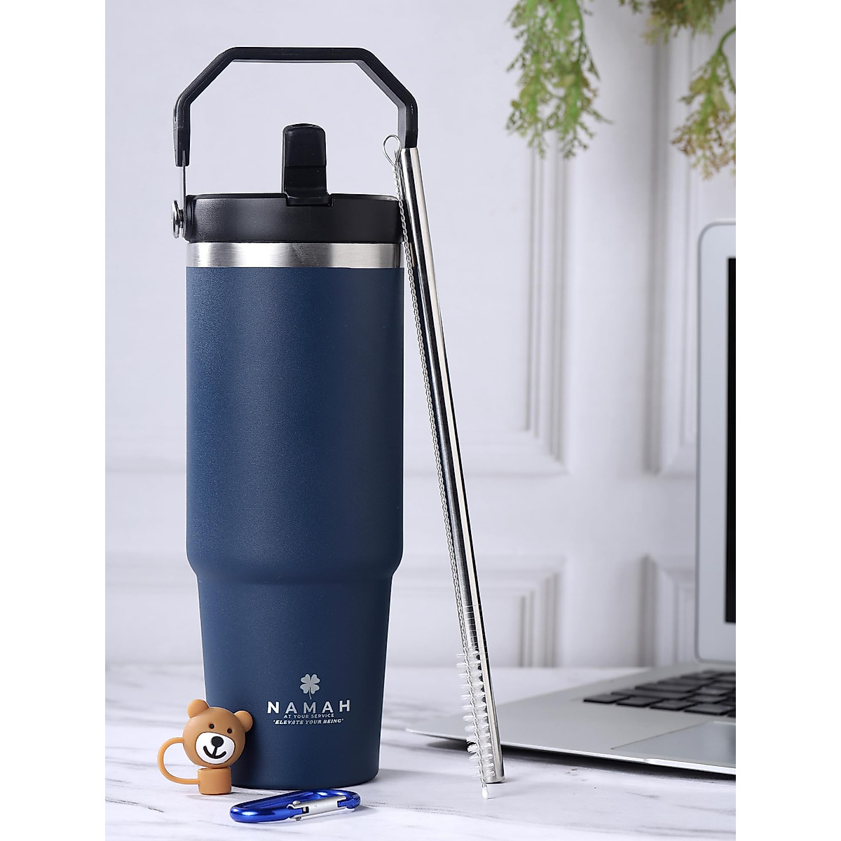 30 oz Stainless Steel Vacuum Insulated Tumbler with Handle Lid and Straw Leak and Spill Proof Travel Tumbler Cup with 2 Lids and Teddy Straw Cap Water Tumblers for Women and Men 890 ml