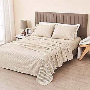 Great Bay Home 4-Piece Queen Size Stripe Microfiber Sheet Set | Ultra-Soft, Brushed Bedding Sheets & Pillowcases | Wrinkle Free, Comfortable, All-Season Bed Sheets (Queen, Taupe)