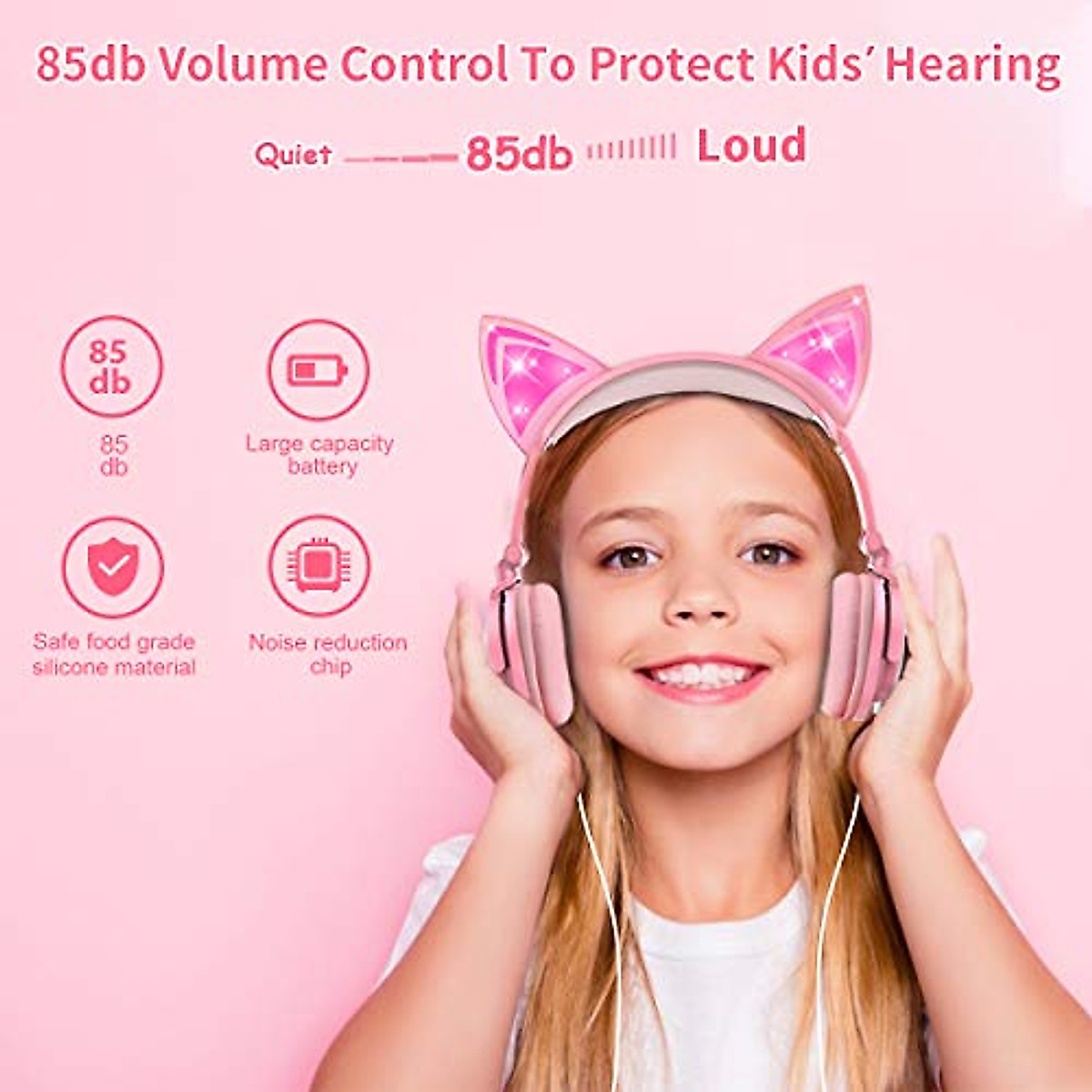 esonstyle Cat Ear Headphones for Kids, Wired Kids Headphones with LED Light Up, 85dB Volume Limited, Foldable 3.5mm Jack Headphones for School/Travel/iPad/Tablet (Peach)