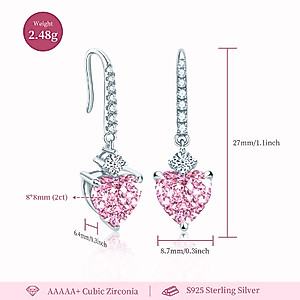 Heart Hoop Earrings for Women Sterling Silver Earring Pink Cubic Zirconia Diamond Dangling Anniversary Birthday Christmas Gifts for Her Hypoallergenic
