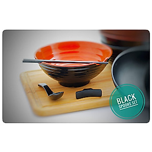 12 Pieces Ramen Set: 4 Black Spoons, 4 Chopsticks And 4 Stand rest. Asian Soup Spoons. Unbreakable Melamine Made. Perfect For Japanese And Chinese Food: Ramen, Wonton, Sushi, Miso, Rice, Pho Soup.