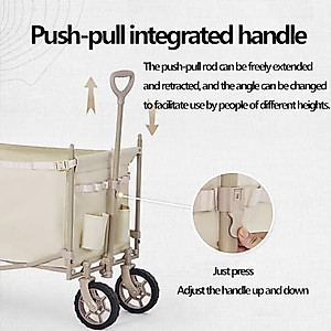 RINGGLO Folding Beach Wagon Cart with Brake Free Standing Collapsible Utility Camping Grocery Canvas for Camping, Shopping, Garden and Beach,Linen Brown