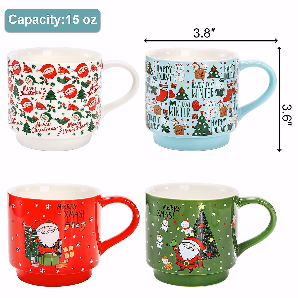 Elsjoy Set of 4 Christmas Stackable Coffee Mugs with Rack, 15 oz Christmas Coffee Mugs with Metal Stand Ceramic Mug Set, Xmas Holiday Cappuccino Cups for Cocoa, Latte, Americano