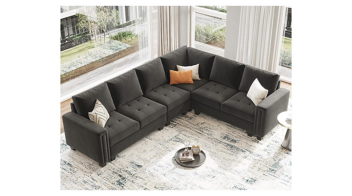 Belffin Grey Velvet L-Shape Sofa - Modular & Modern 5 Seater