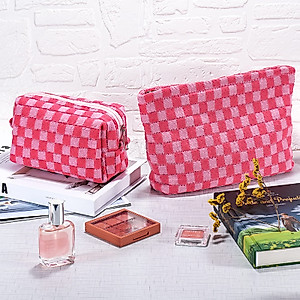 ZLFSRQ 2Pcs Checkered Makeup Bag for Women Large Cosmetic Bag Set Travel Toiletry Bag Makeup Pouch Bag for Purse Pink Zipper Storage Bag Organizer Cute Small Aesthetic Girls Car Essentials Bag