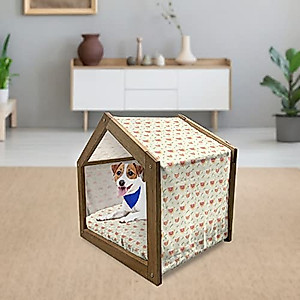 Ambesonne Rooster Wooden Pet House, Pattern Easter Hens and Flowers Illustration, Indoor & Outdoor Portable Dog Kennel with Pillow and Cover, Medium, Ivory Pink