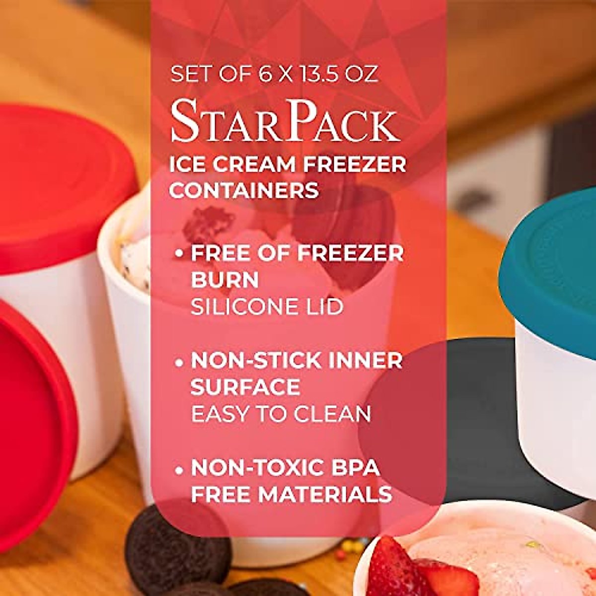 StarPack Ice Cream Containers for Homemade Ice Cream (6 Pcs) - Reusable Ice Cream Containers With Lids - No Leak & Frost Ice Cream Storage Containers For Freezer - 13.5oz per Ice Cream Container