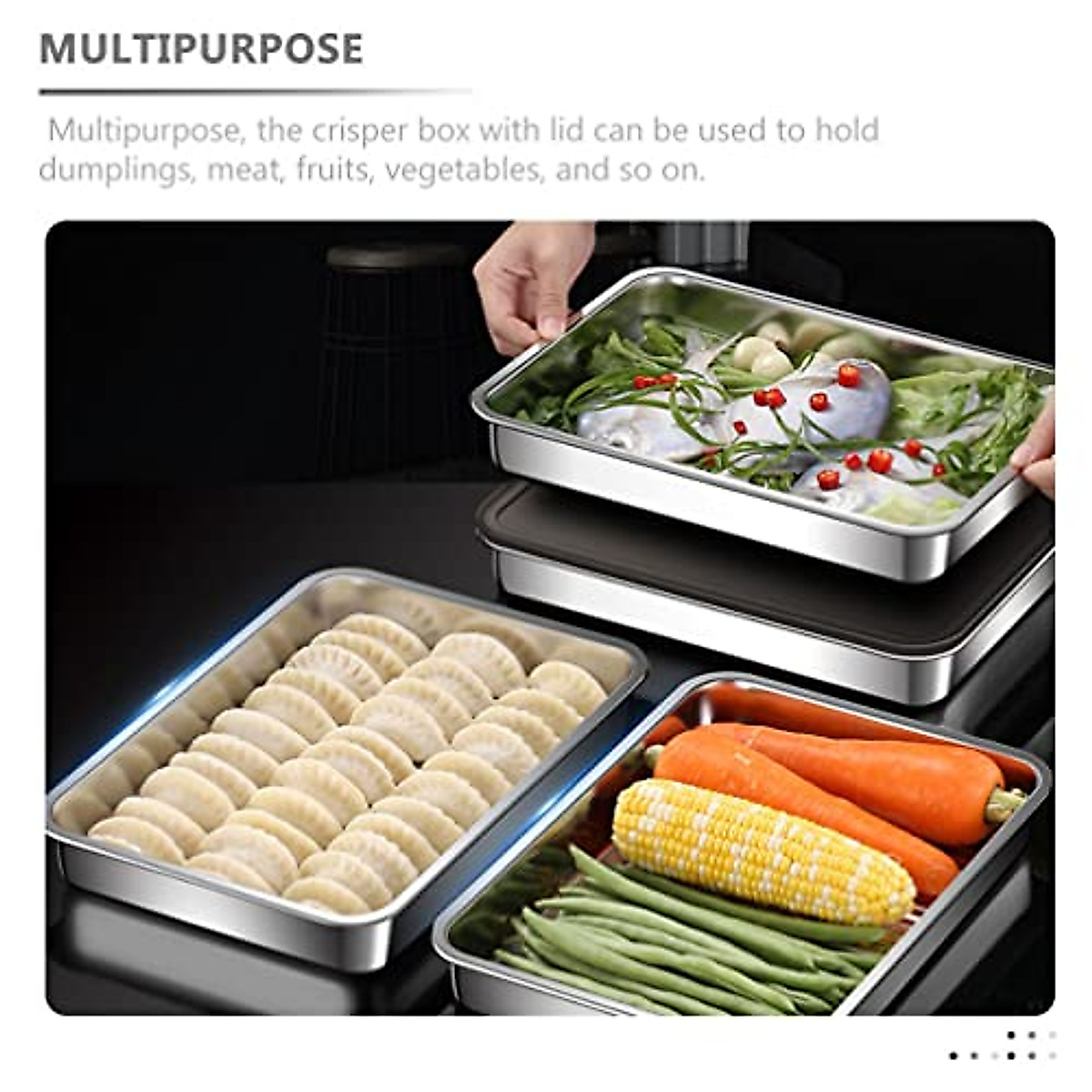 Yardwe Refrigerator Dumpling Box with Lid Stainless Steel Stackable Fridge Food Storage Containers Fresh Keeping Food Tray for Fruit Vegetables Bacon Meat Cheese Keeper