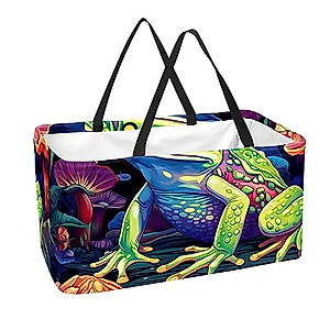 Reusable Grocery Bags Boxes Storage Basket, Red Eye Frog Pattern Collapsible Utility Tote Bags with Long Handle