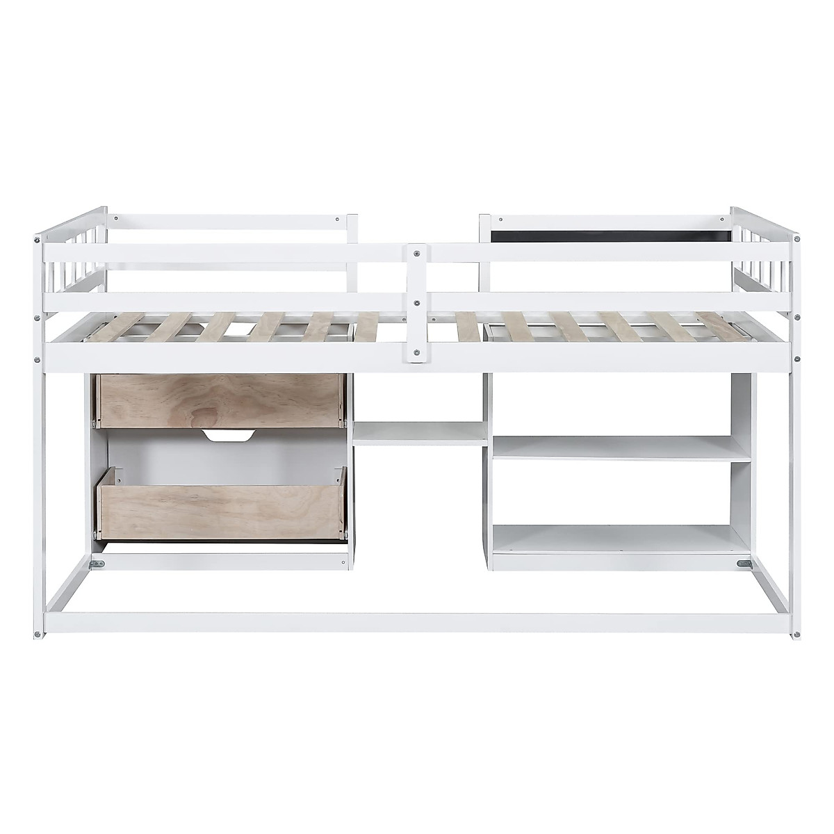 Harper & Bright Designs Twin Size Low Loft Bed with Storage Shelves and Drawers, Wooden Twin Size Loft Bed with Rolling Desk and Chalkboard, for Kids Teens Girls Boys - White