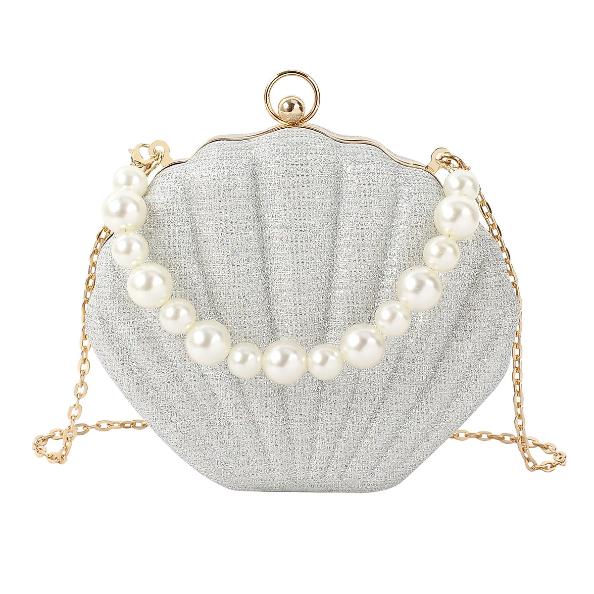 Women Mini Sequins Seashell Clutch Pearls Top-Handle Bag Chain Strap Cross-body Bag