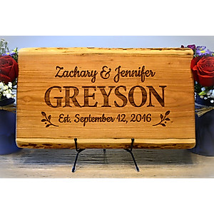 Personalized Cutting Board Wedding Gift Live Edge Cherry Wood - Engraved Unique Customized Artisan Rustic Display Bride Groom Couple Newlywed Anniversary Housewarming Christmas Bridal Shower