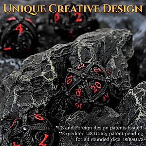 Metal DND Dice Set - Unique Round Hollow Orb Design for Better Rolling - Beautiful Dragon Metal Dice Set for Role Playing Games (RPG) - Stunning D&D Dungeons and Dragons Dice Set (Black Red)