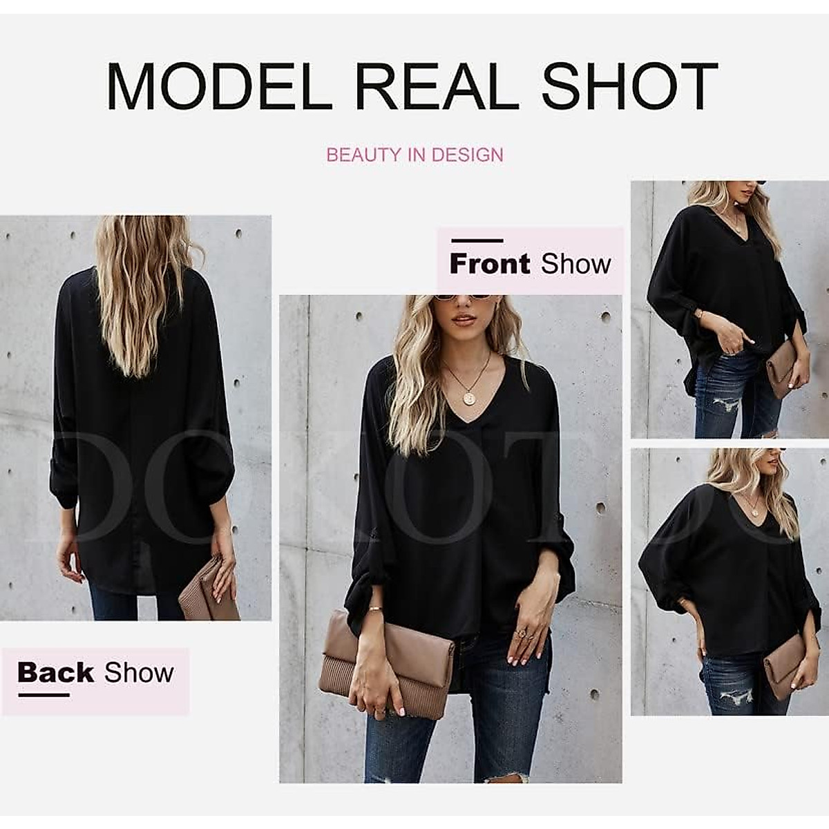Dokotoo Women Fashion Summer Casual Office V Neck Chiffon Cuffed 3/4 Sleeve Solid Tunic Blouses and Tops for Work T Shirts 2024 Black US 18 20